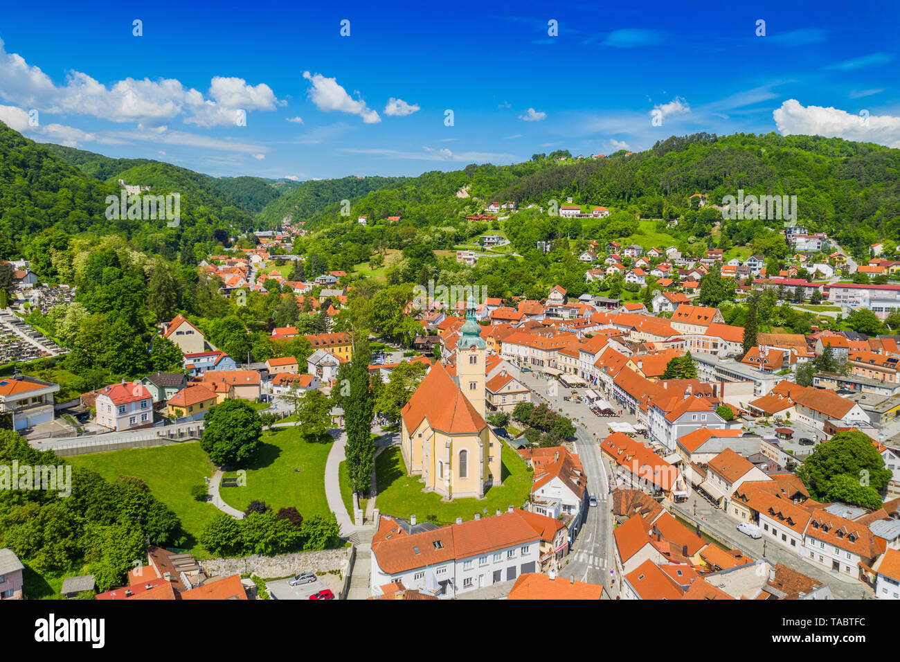 Croatia, town of Samobor, main square and church tower from drone, town ...