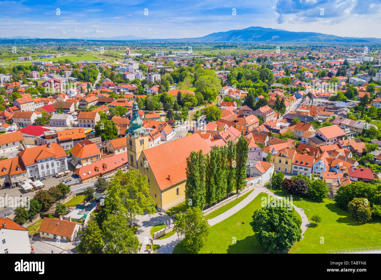 Croatia, town of Samobor, main square and church tower from drone, town ...