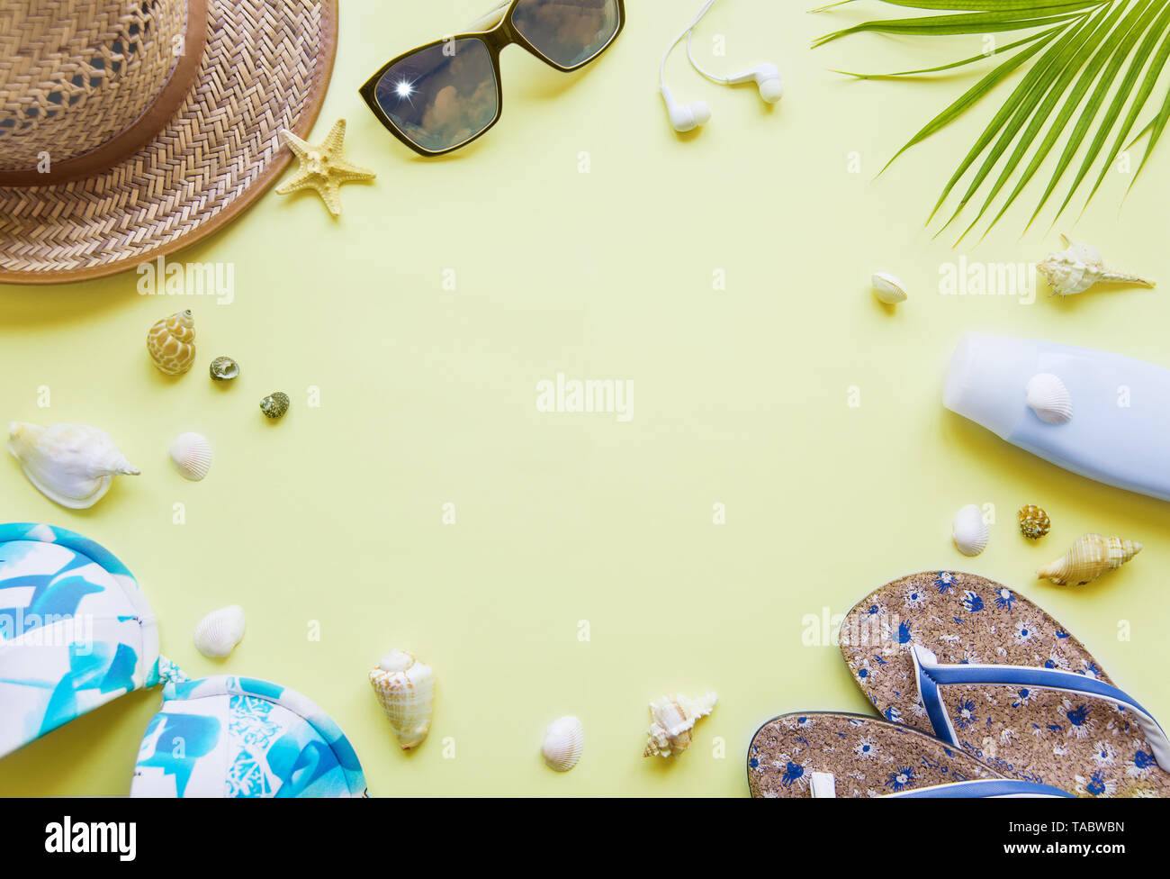 Traveler accessories: green tropical palm leaf, flip-flops, swimsuit ...