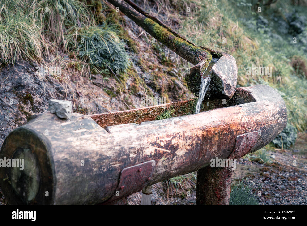 Natural raw unfiltered water flowing from wooden fountain spring at the ...