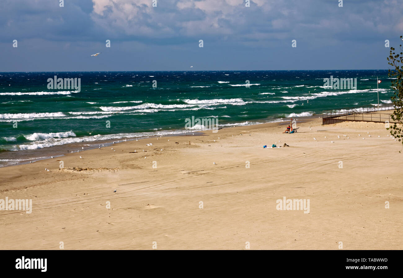 beach scene; Lake Michigan; water; waves, sand; sea gulls, woman ...