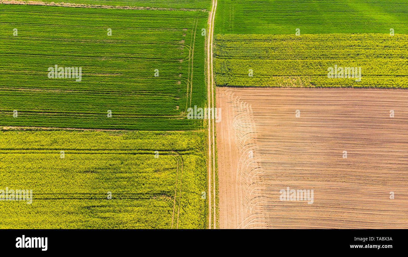 Abstract pattern in farmland fields at spring, aerial view, drone photo ...