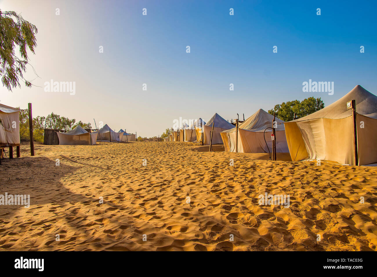 White tents in the camp of the desert Lompoul, Senegal, Africa. There ...