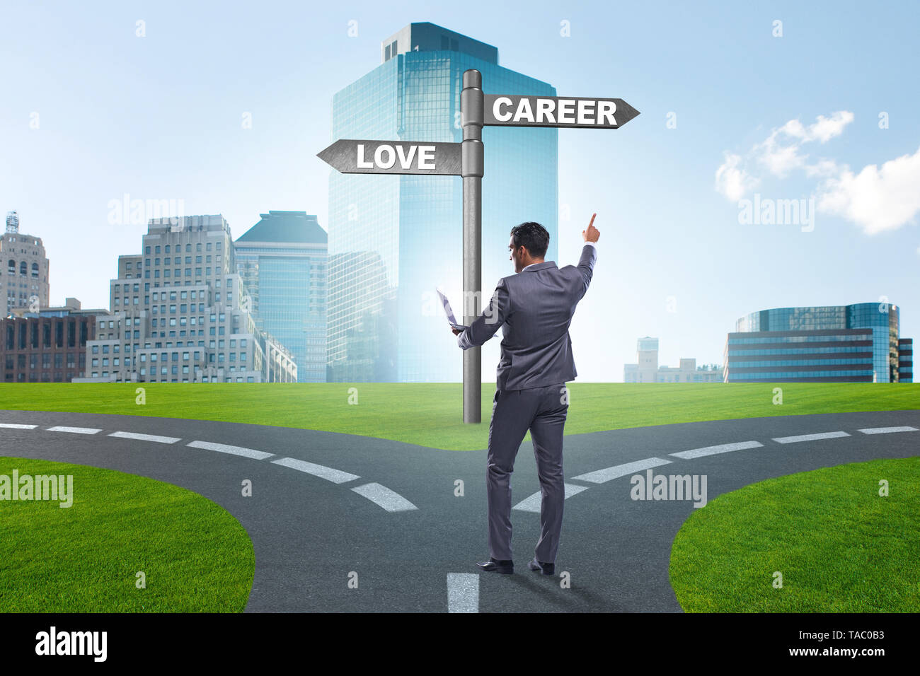 Businessman having hard choice between love and career Stock Photo - Alamy