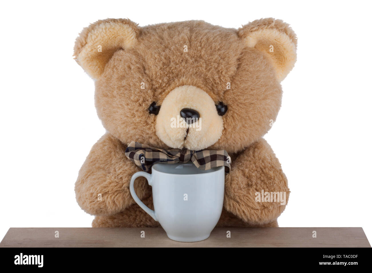 Teddy bear drinking tea on the table isolated on white background Stock ...