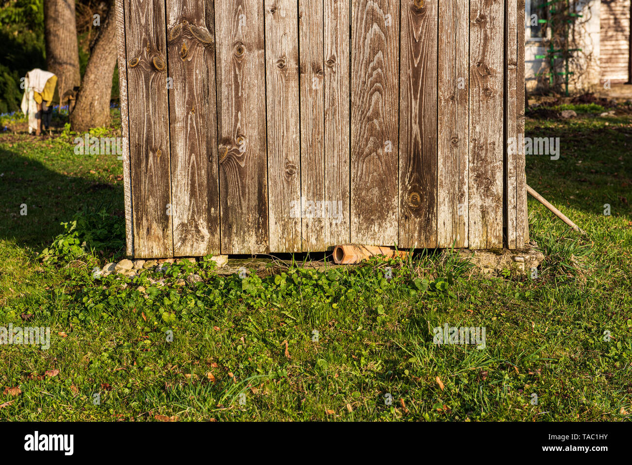old wooden plank building structure in countryside. loneliness and ...