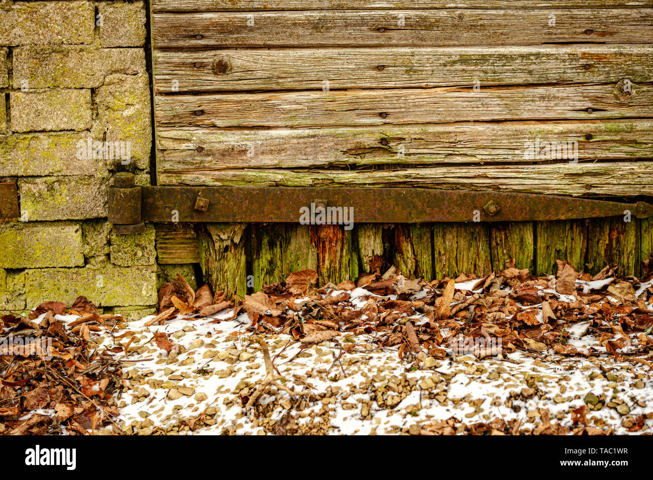 old wooden plank building structure in countryside. loneliness and ...