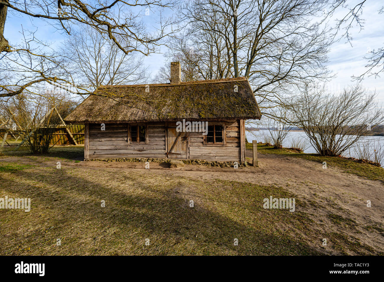 old wooden plank building structure in countryside. loneliness and ...