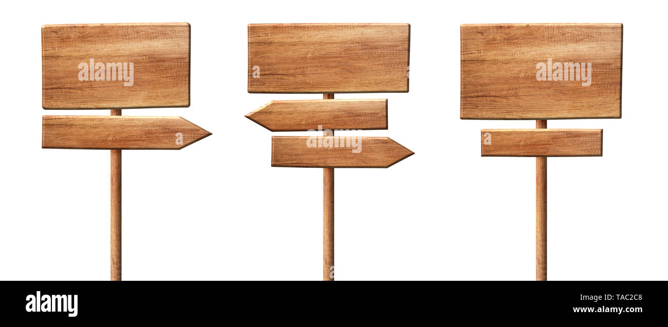 Different wooden direction arrow signposts or roadsigns made of natural ...
