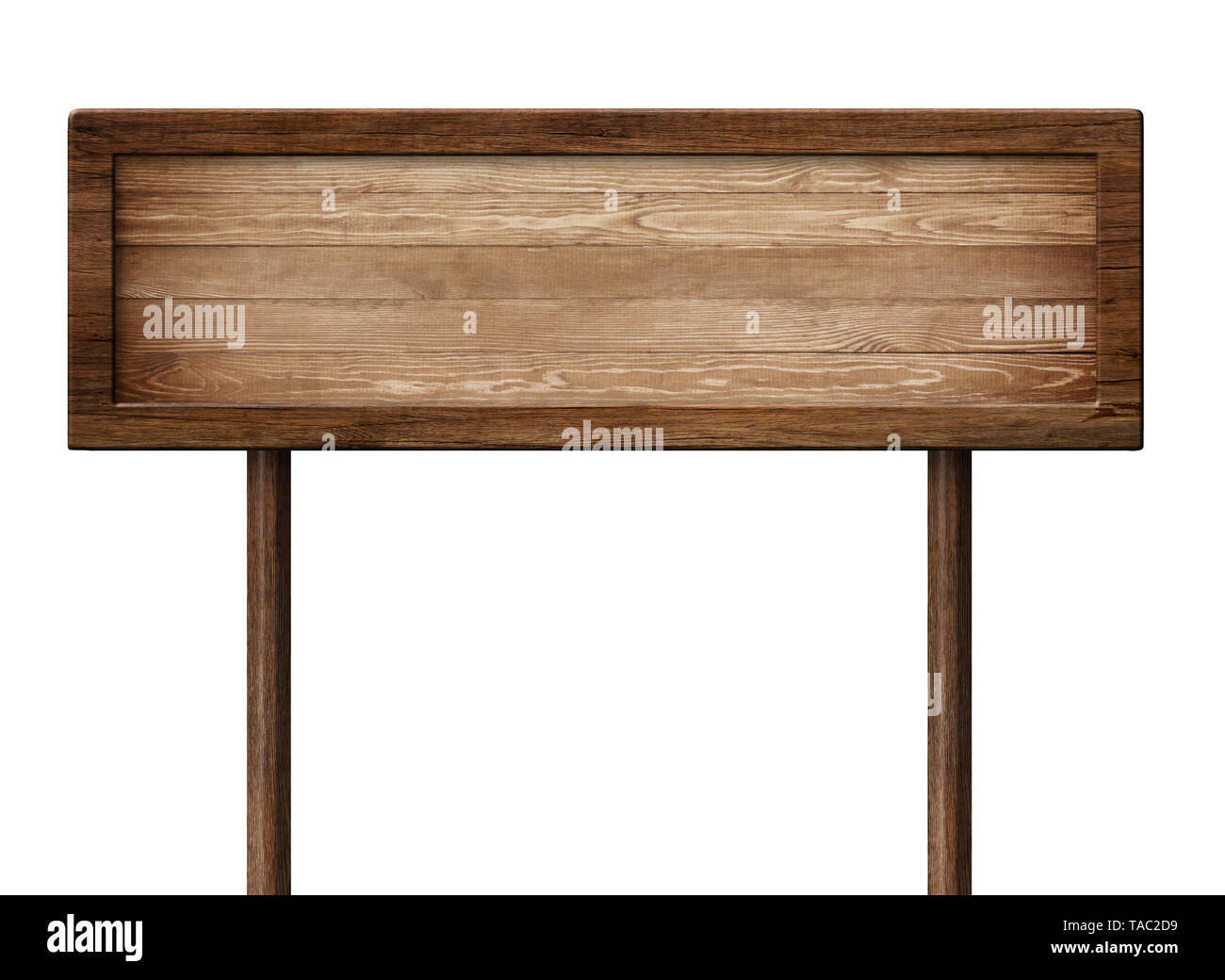 Oblong wooden double pole sign with dark frame and made of dark natural ...