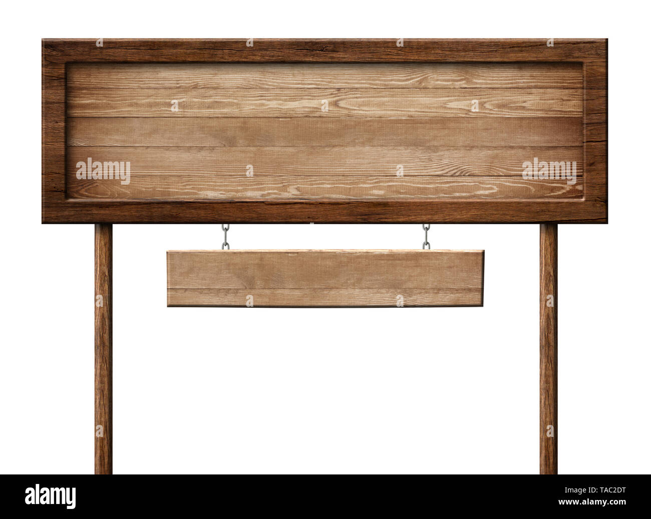 Oblong wooden double signpost with poles and made of natural wood and ...