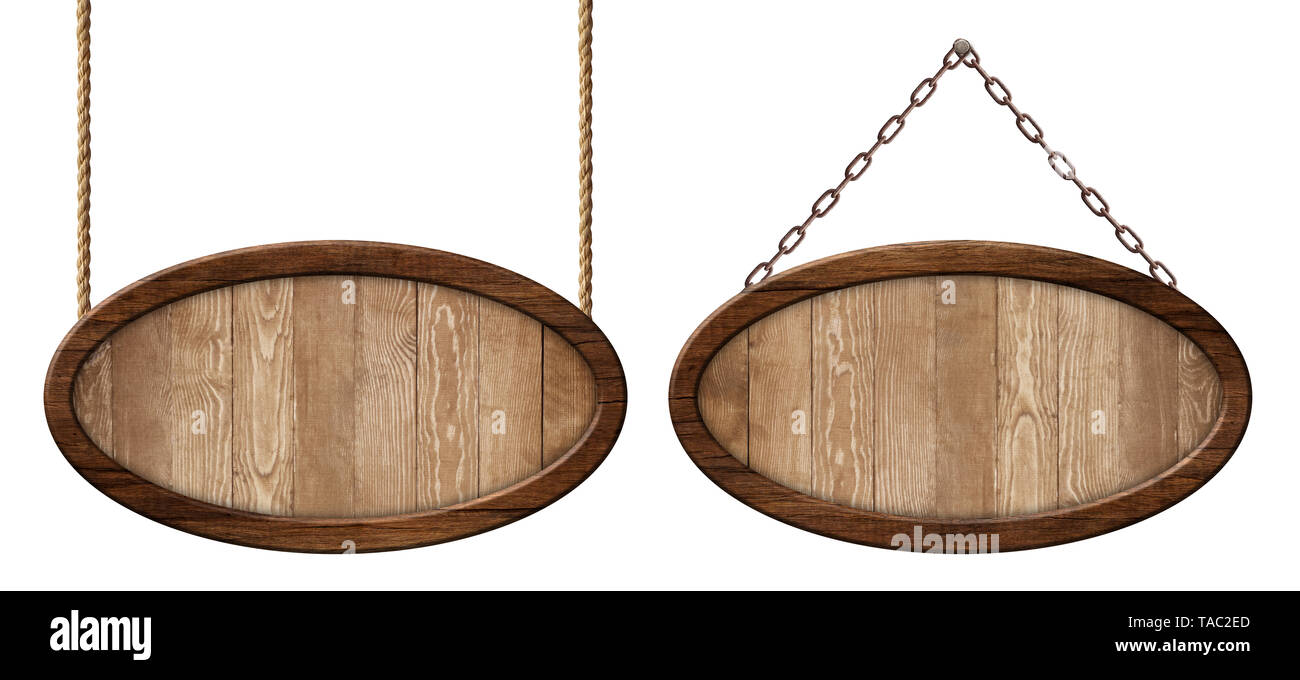 Oval wooden board made of natural wood and with dark frame hanging on ...