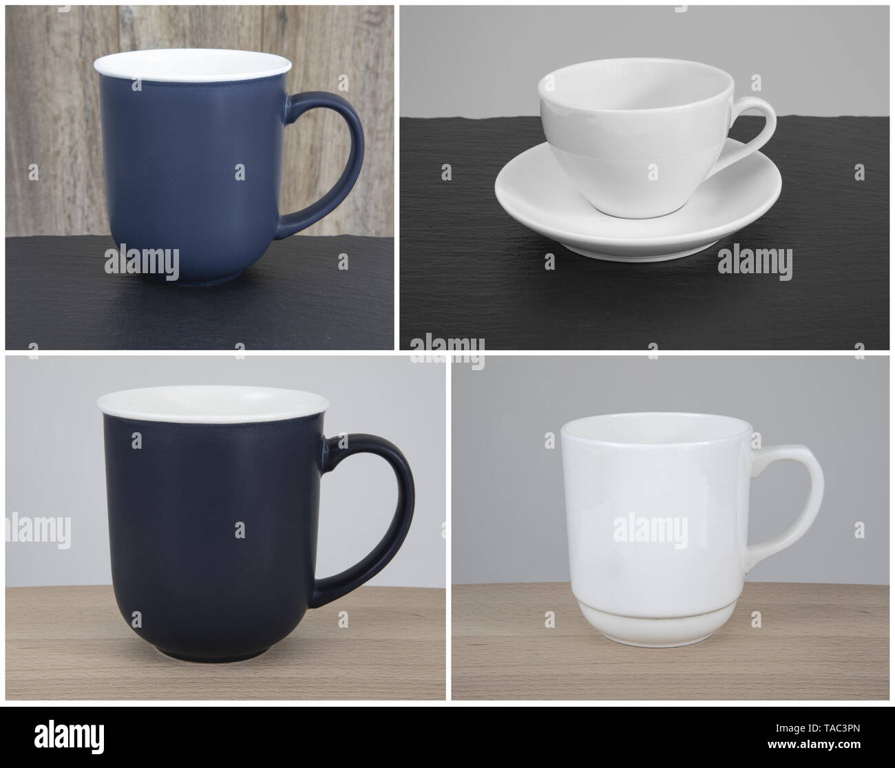 Set of white and gray cup and mug. Side view Stock Photo - Alamy