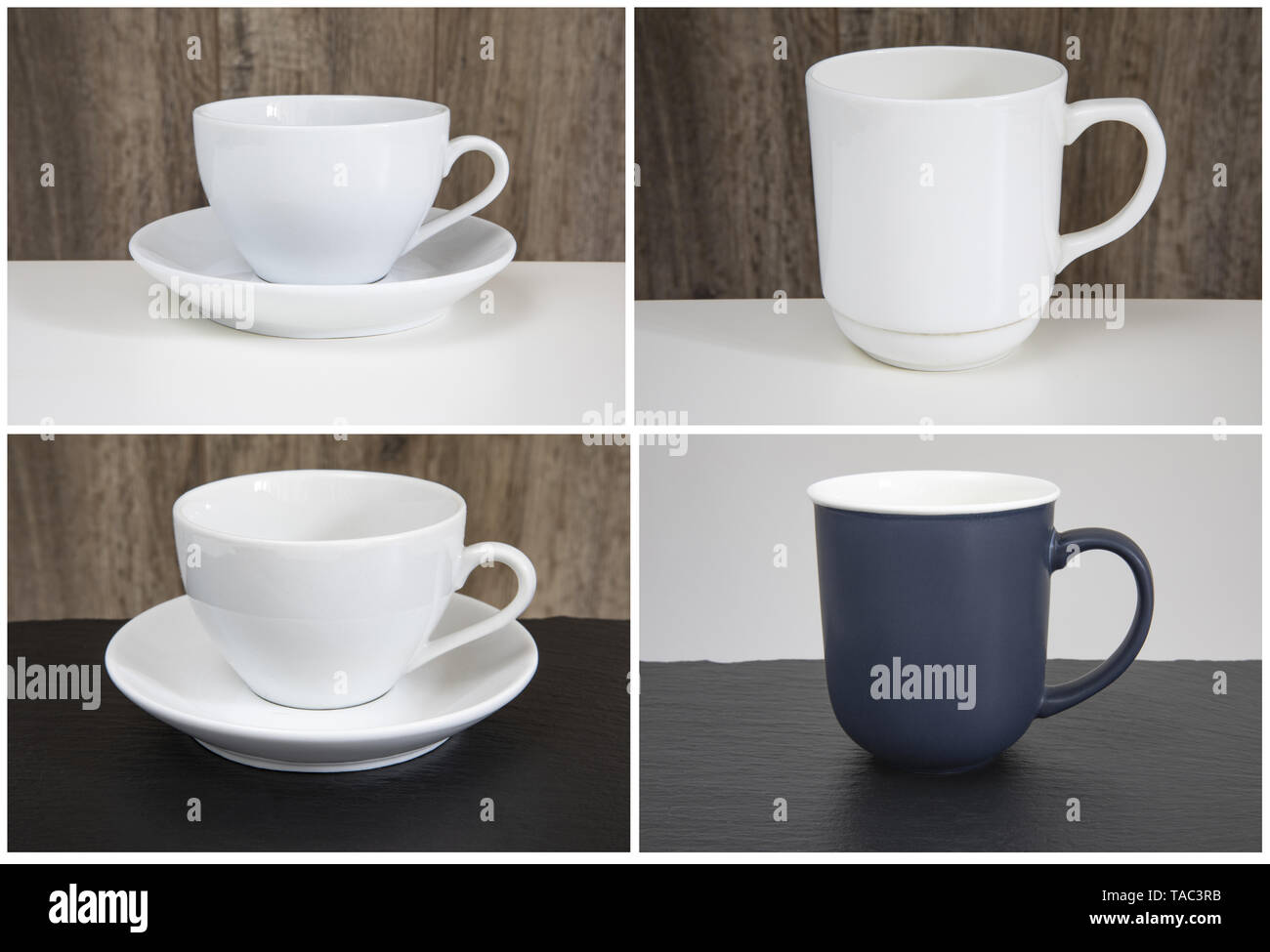 Set of white and gray cup and mug. Side view Stock Photo - Alamy