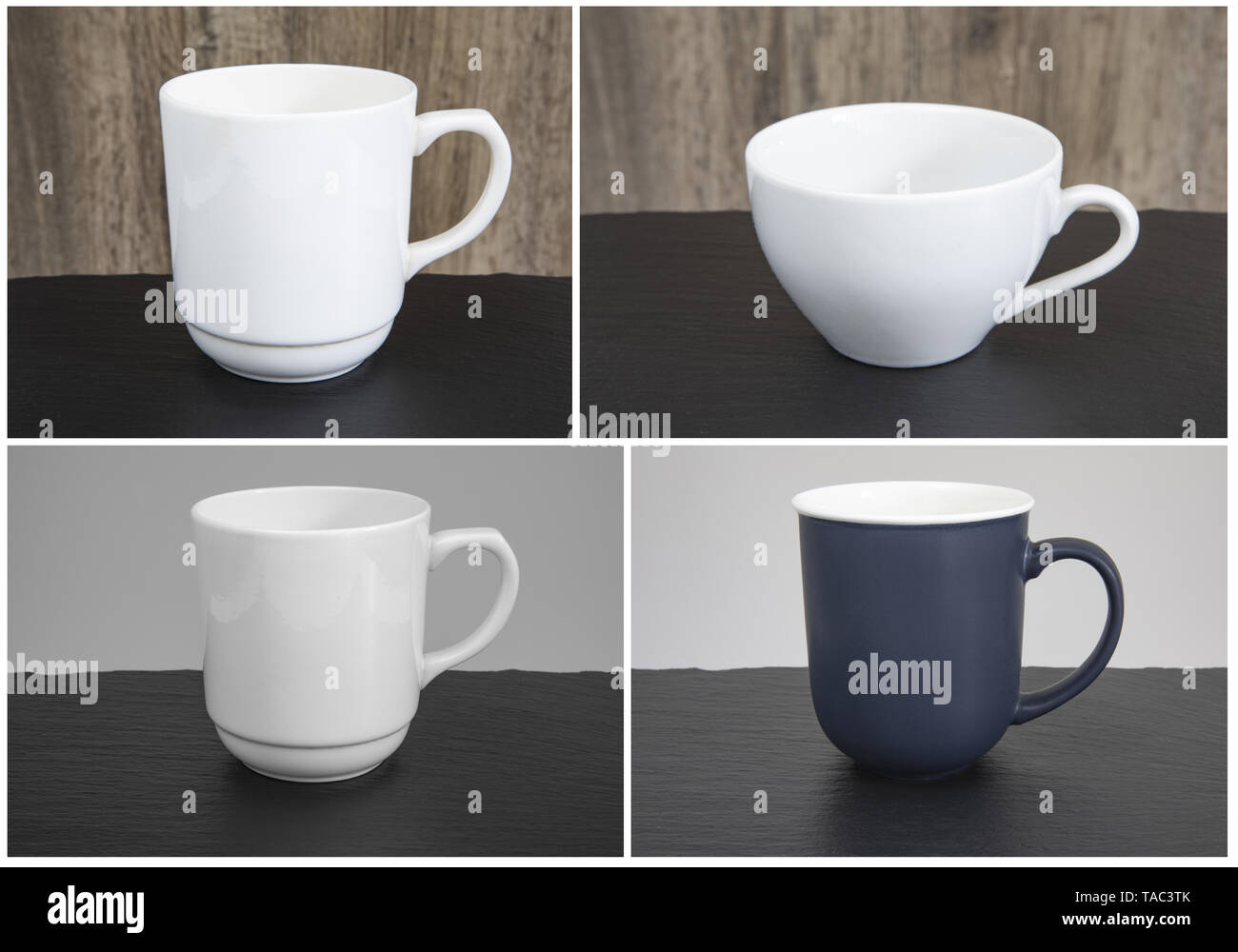 Set of white and gray cup and mug. Side view Stock Photo - Alamy