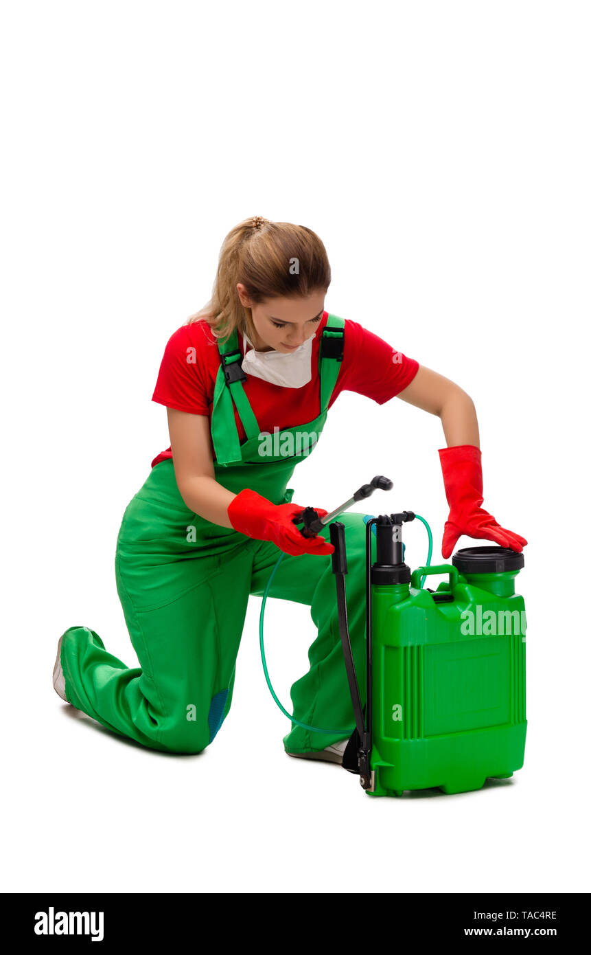 Female pest control contractor isolated on white Stock Photo - Alamy