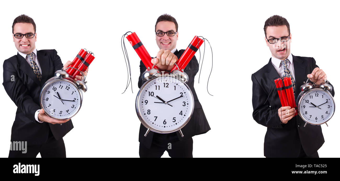 Man with time bomb isolated on white Stock Photo - Alamy