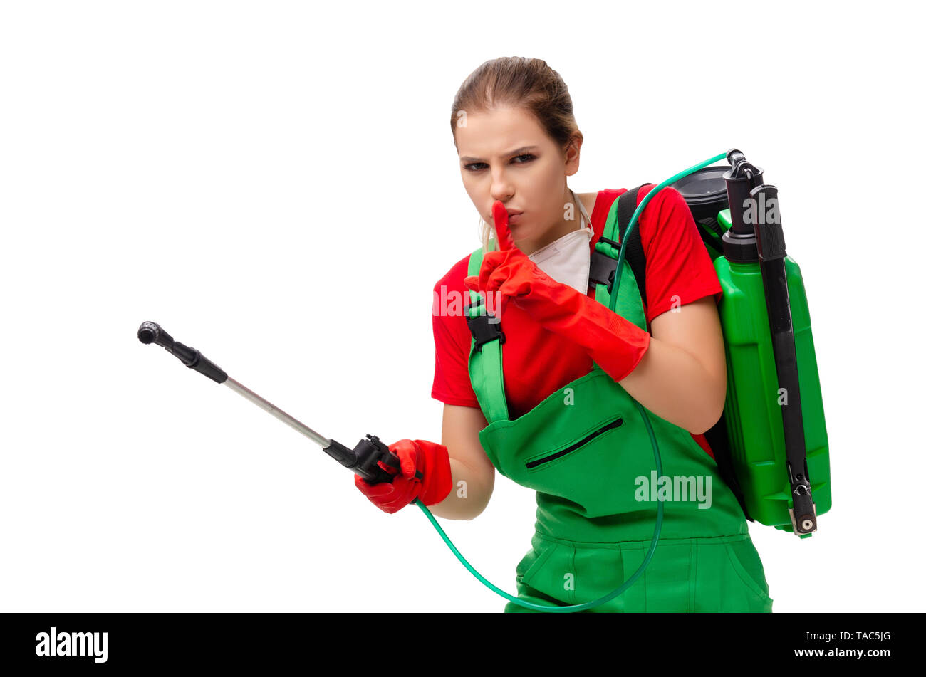 Female pest control contractor isolated on white Stock Photo - Alamy