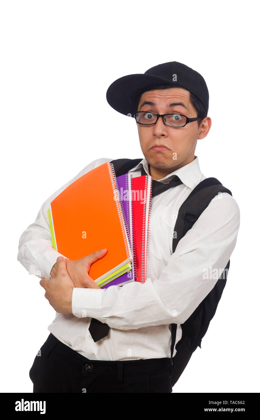 Male student holding notes isolated on white Stock Photo - Alamy