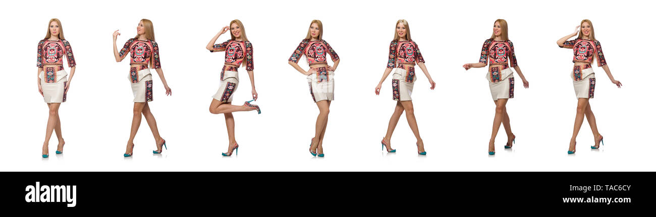 Pretty model in clothes with carpet prints isolated on white Stock ...