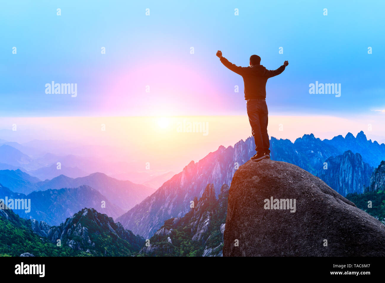 Happy man gesture of triumph with hands in the air,conceptual scene ...