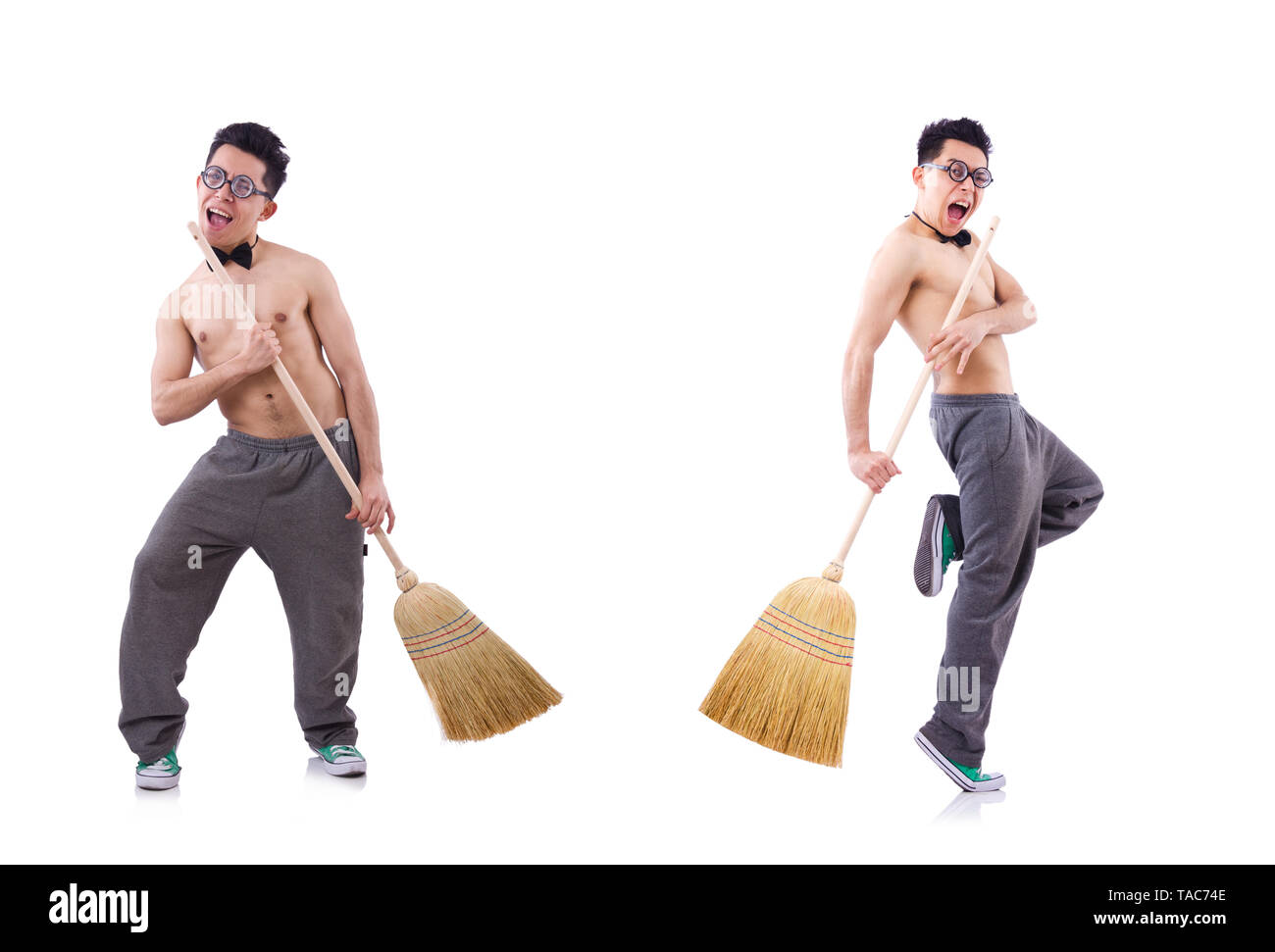 Funny man with broom on white Stock Photo - Alamy