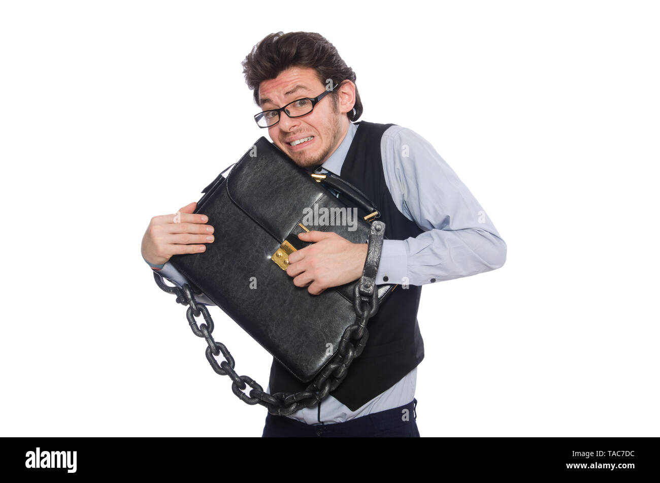 Chained male employee isolated on white Stock Photo - Alamy