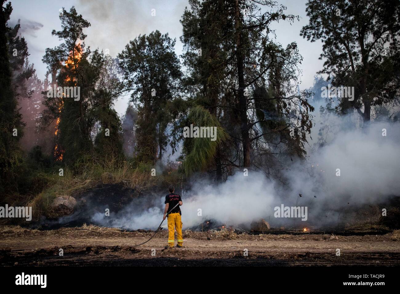 Kibbutz Harel, Israel. 23rd May, 2019. A firefighter extinguishes a ...