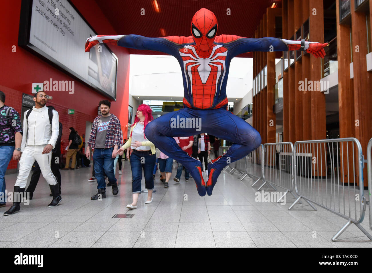 London, UK. 24 May 2019. A cosplayer dressed as Spider-Man attends the ...