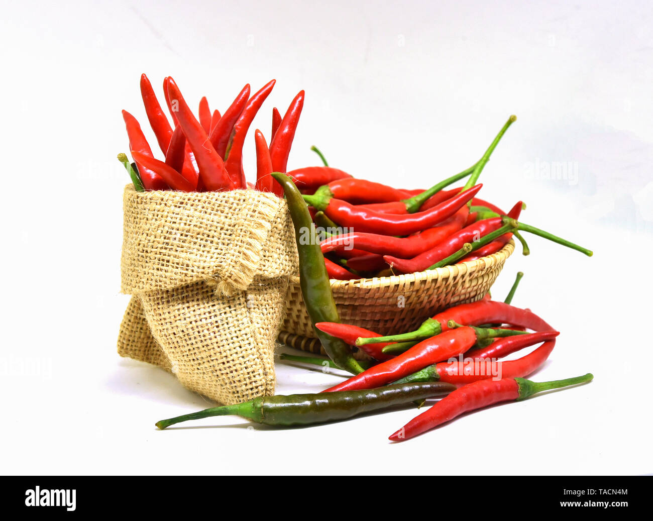 fresh chilli pepper isolated / red chillies harvest from farm in sack ...