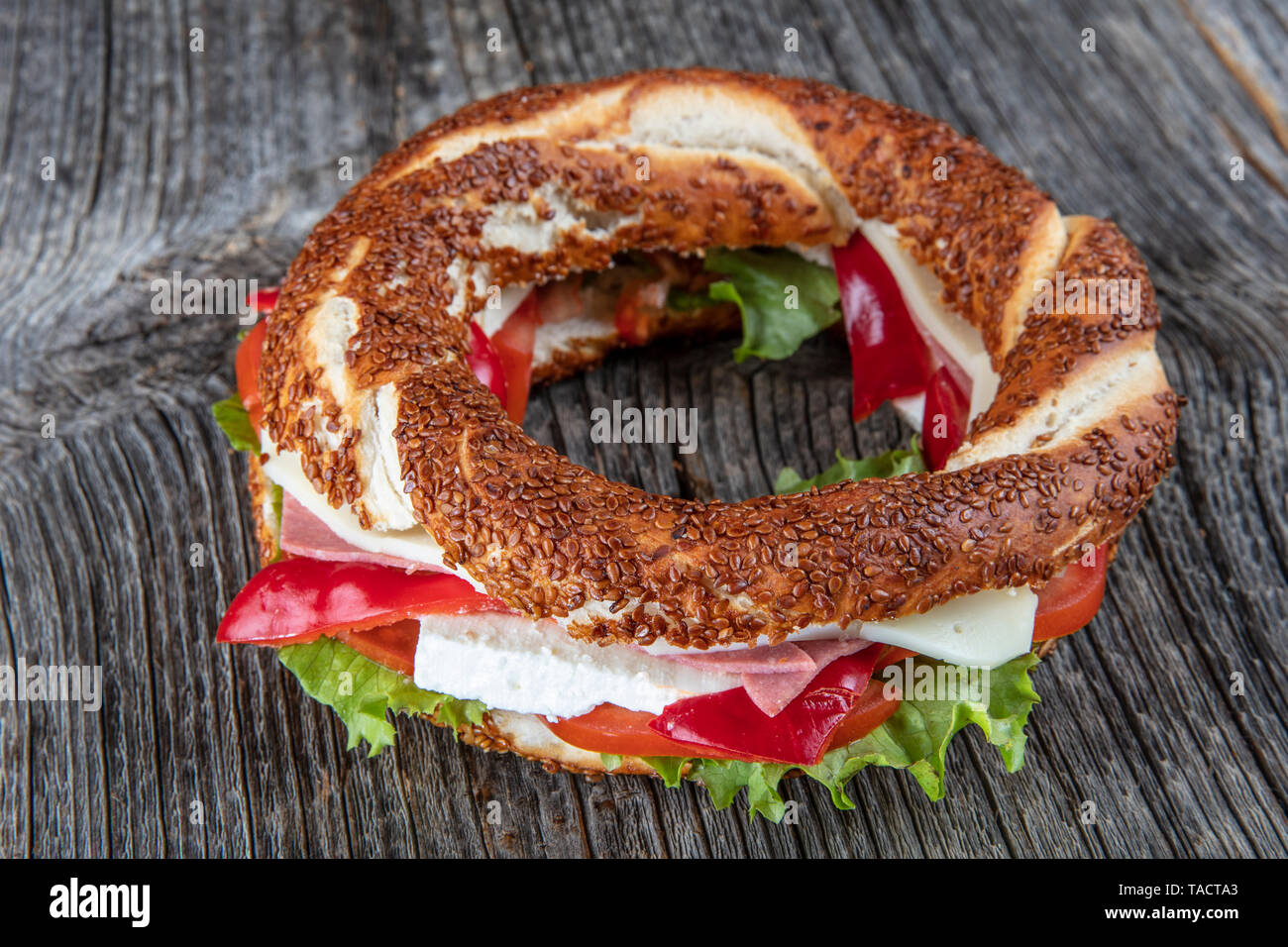 Turkish Bagel, Simit Sandwich with cheese, tomato, cheese Stock Photo ...