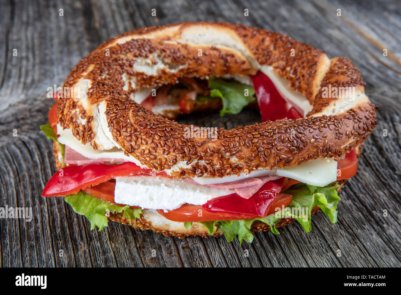 Turkish Bagel, Simit Sandwich with cheese, tomato, cheese Stock Photo ...