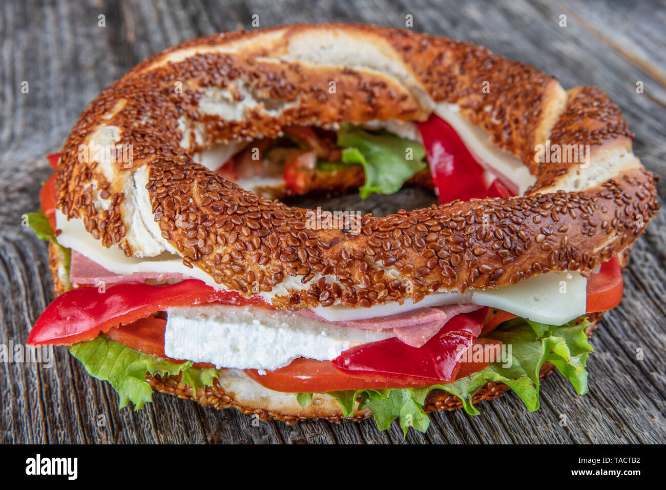 Turkish Bagel, Simit Sandwich with cheese, tomato, cheese Stock Photo ...