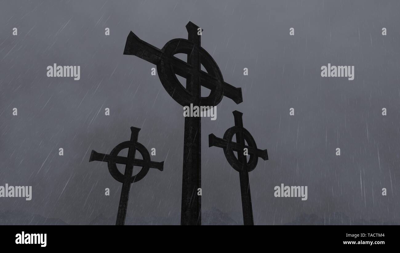 Gothic crosses with rain and fog Stock Photo - Alamy