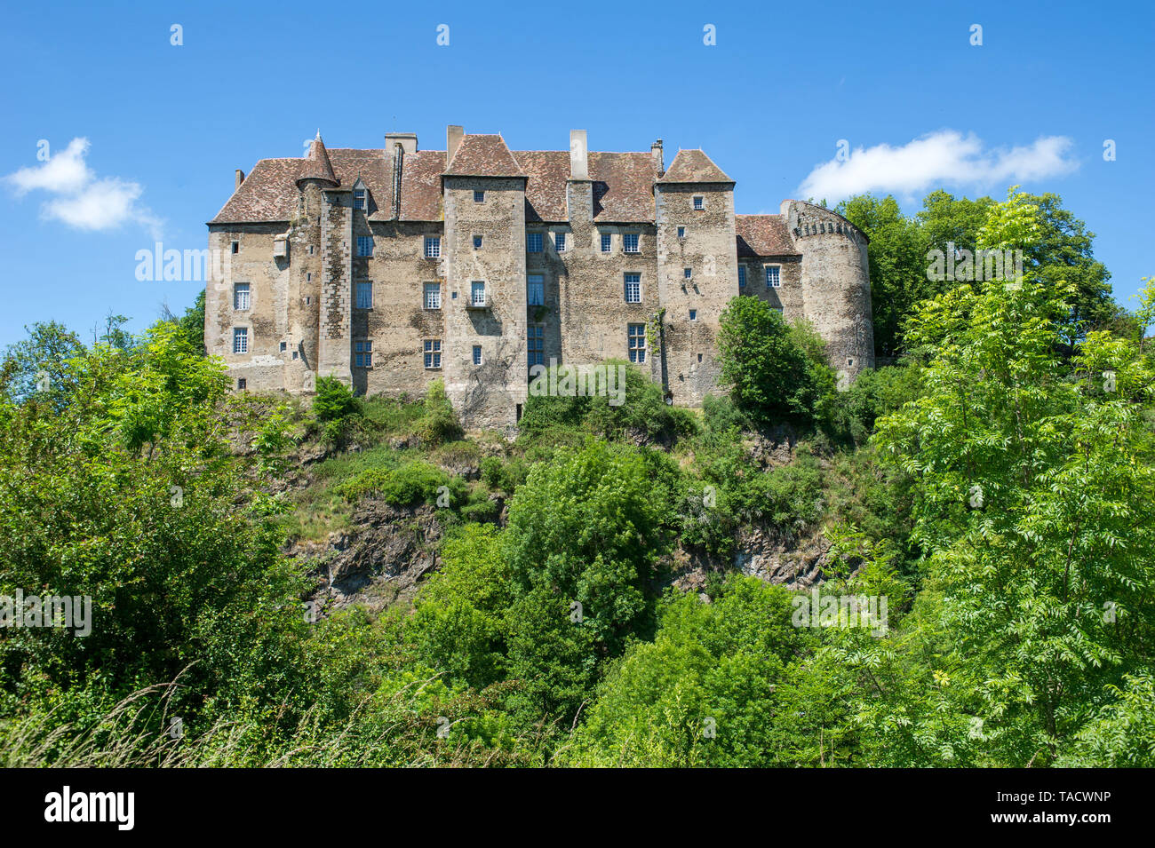 Boussac (central France): castle on a rocky spur by the Petite Creuse ...