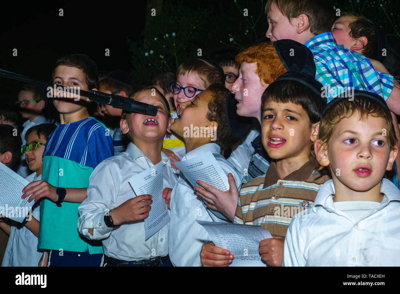 Haifa, Israel - May 22, 2019: Ultra-orthodox Jews kids sing to the ...