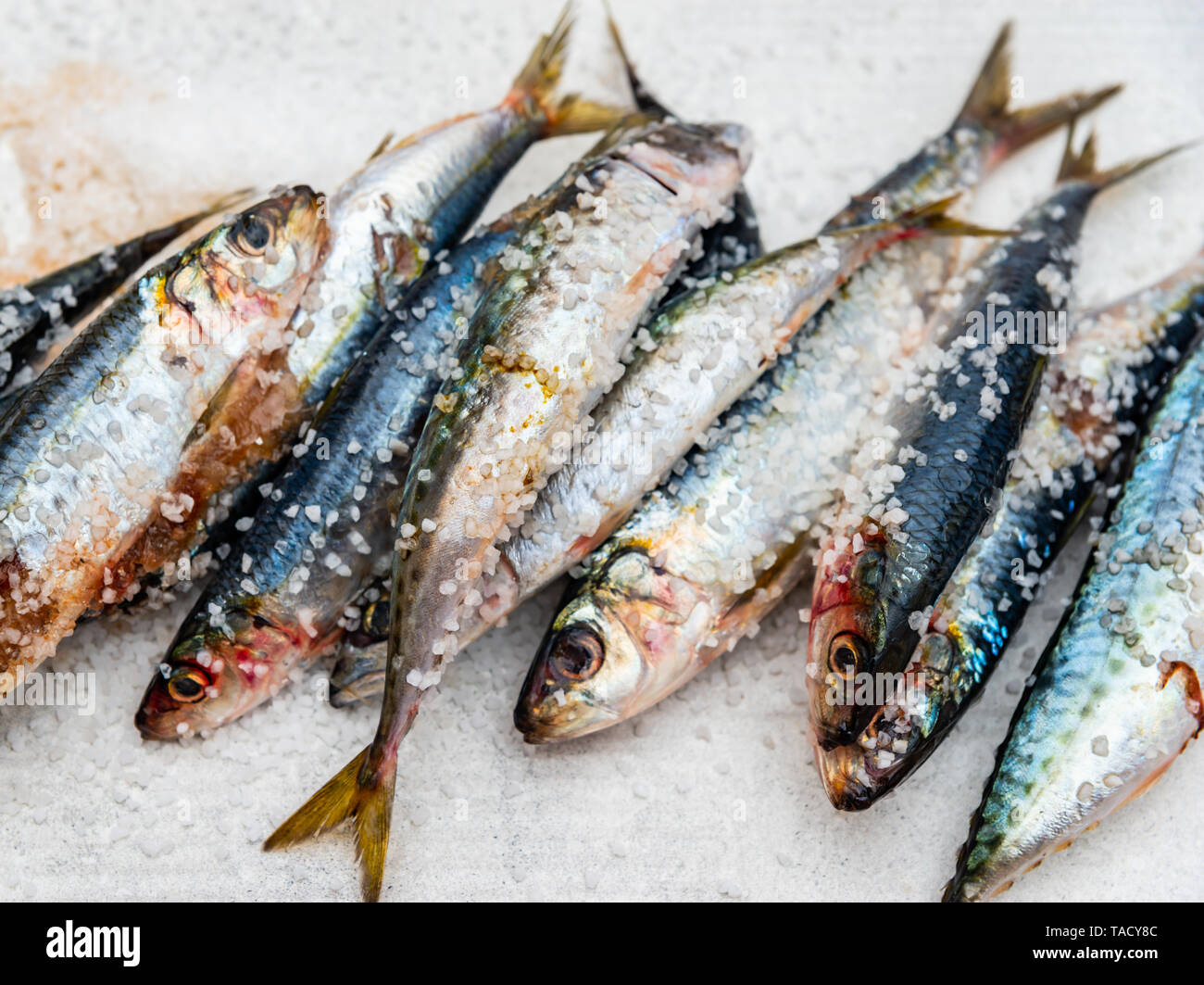 Whole raw organic mackerel fish with sea salt lying on a flat surface ...