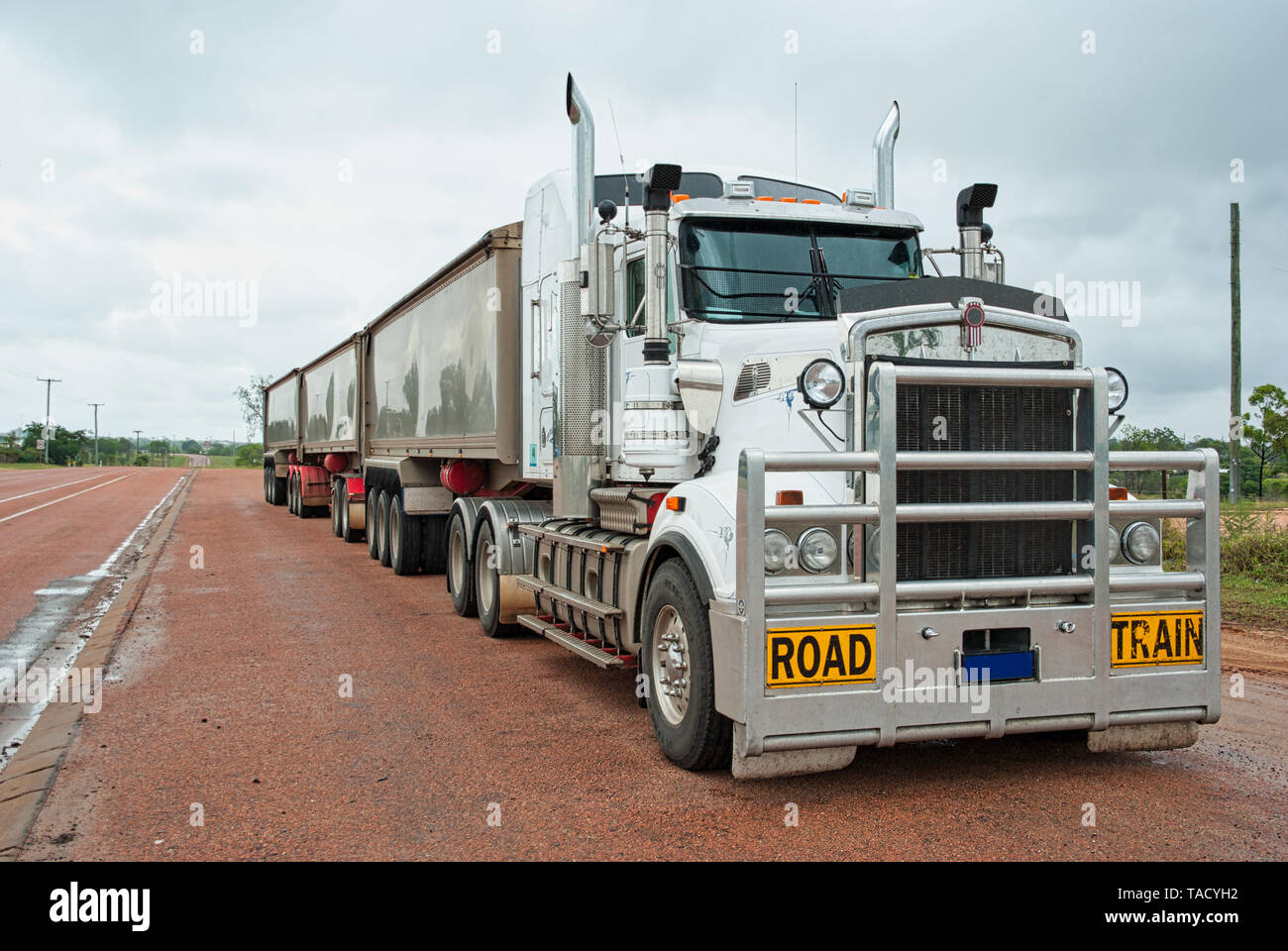 Super long white goods truck with three containers. Used for long ...