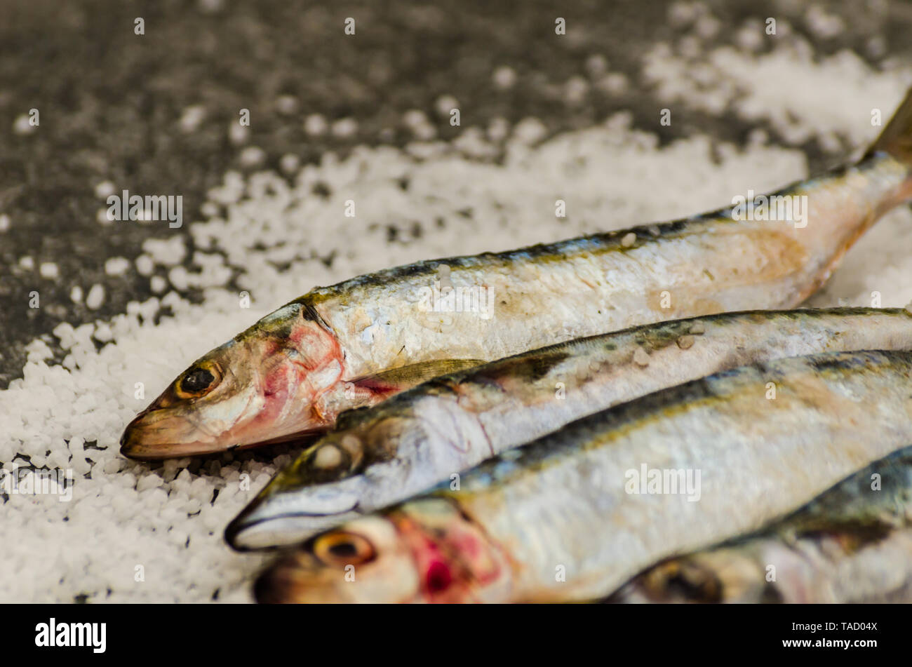 Whole raw organic mackerel fish with sea salt lying on a flat surface ...