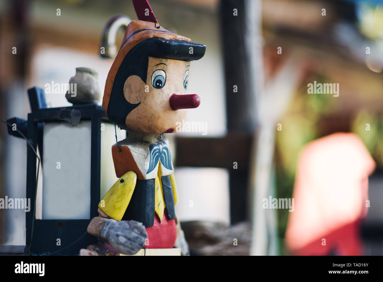A colorful and abandoned Pinocchio with a Japanese lamp on its back ...