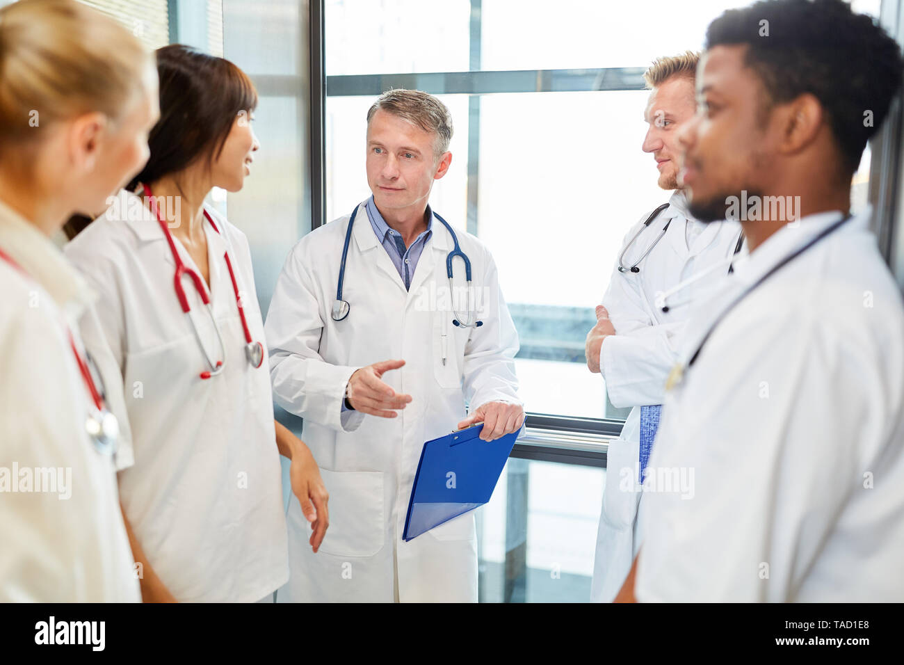 Multicultural Medical Team Having Meeting In Hospital Corridor Stock