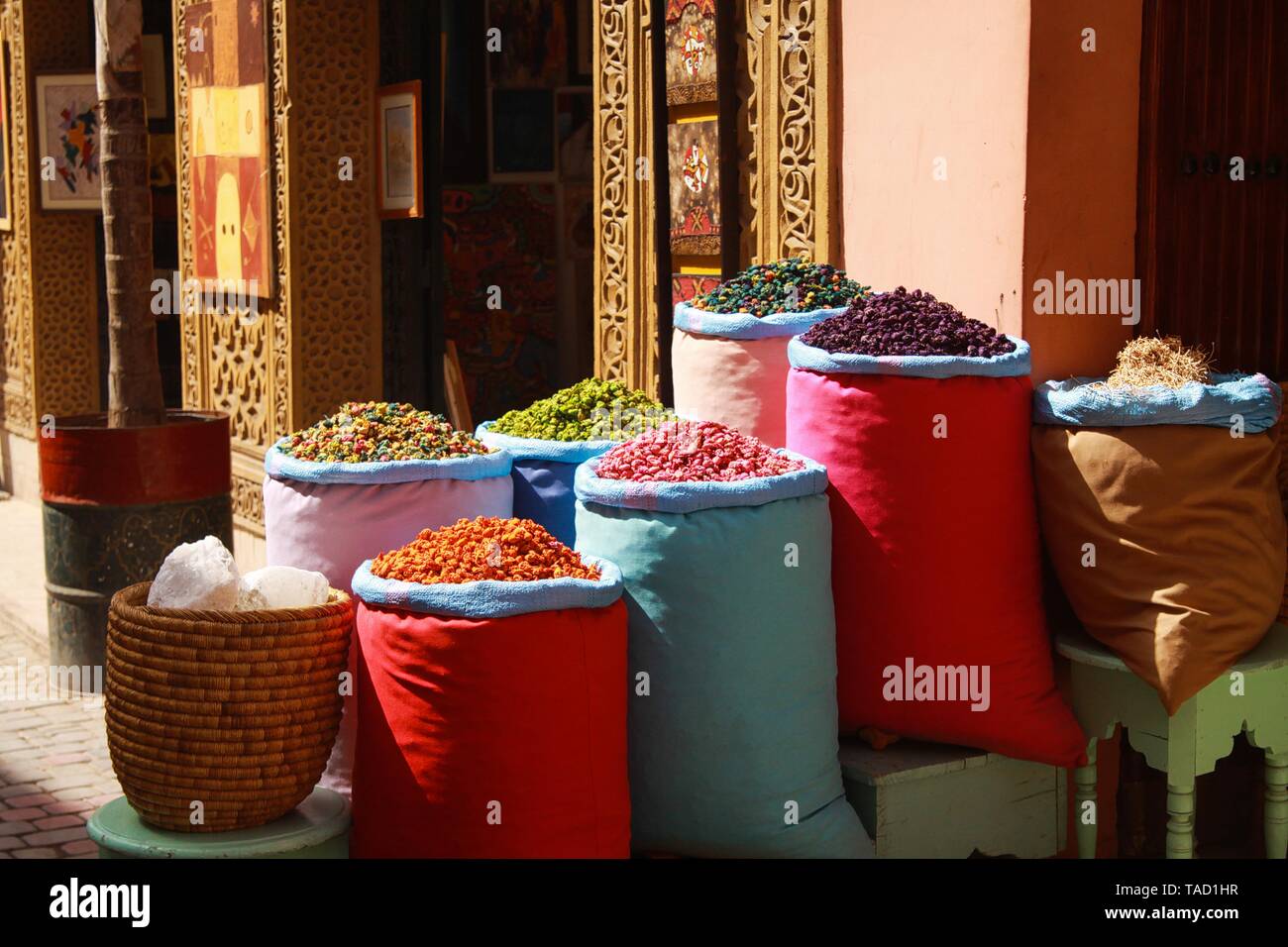 Dried fruits in colorful bags on bazaar in Marrakech, Morocco Stock ...