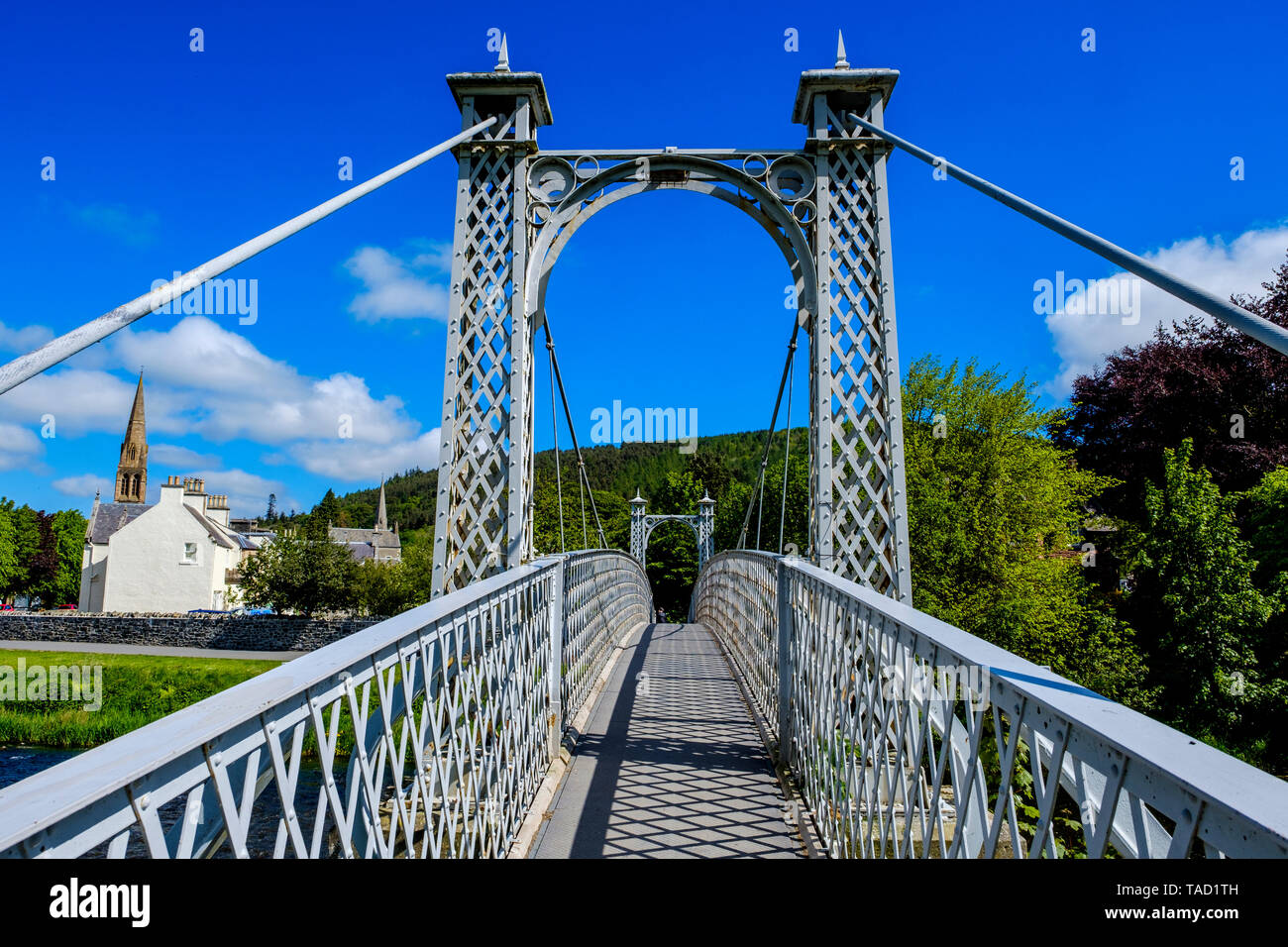 A footbridge over the River Tweed in the borders town of Peebles ...