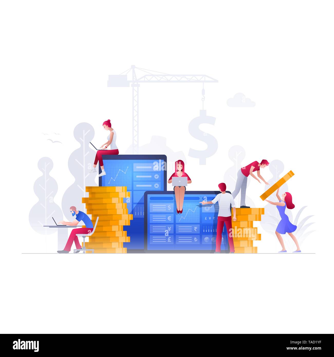 Vector illustration people are working on financial issues together on ...