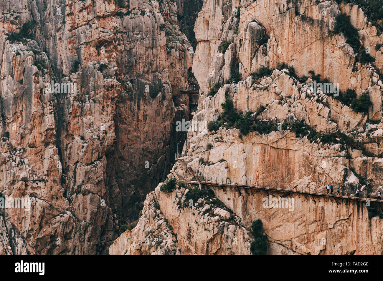 Wooden walkway among rock mountains in south of Spain and runway on the ...