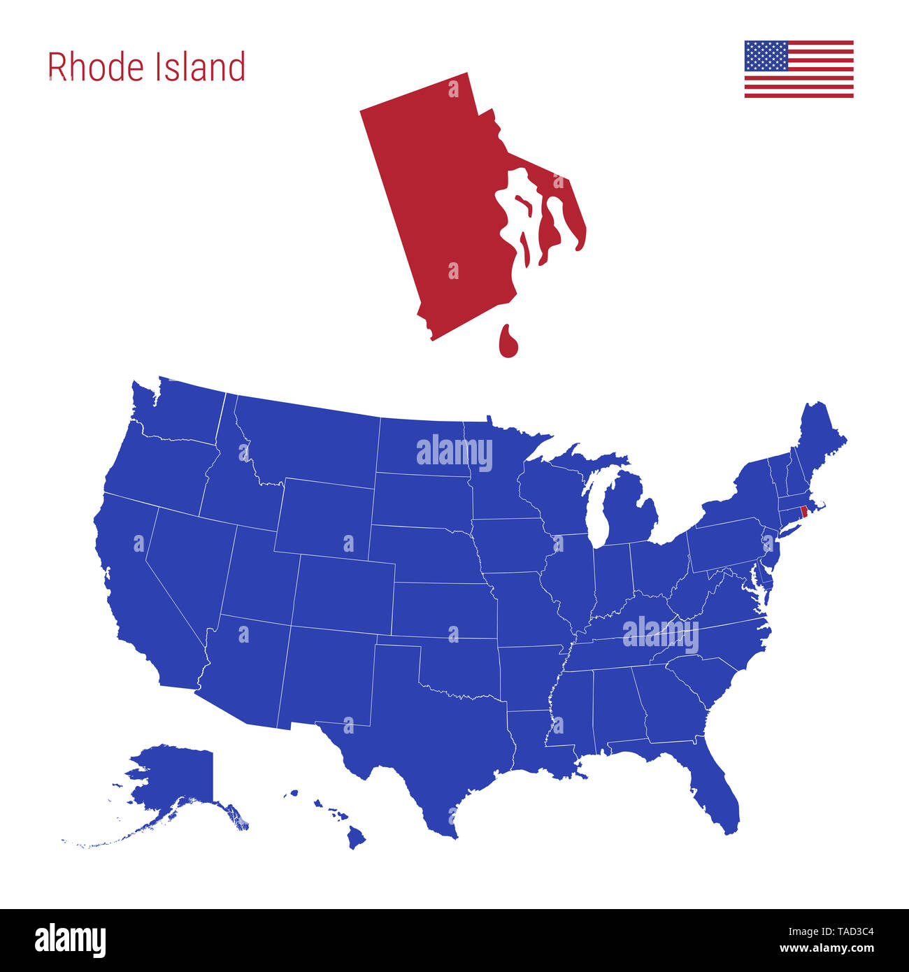The State of Rhode Island is Highlighted in Red. Blue Map of the United ...