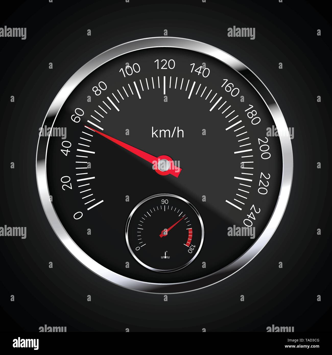 Realistic illustration of speedometer with red pointer, white numbers ...