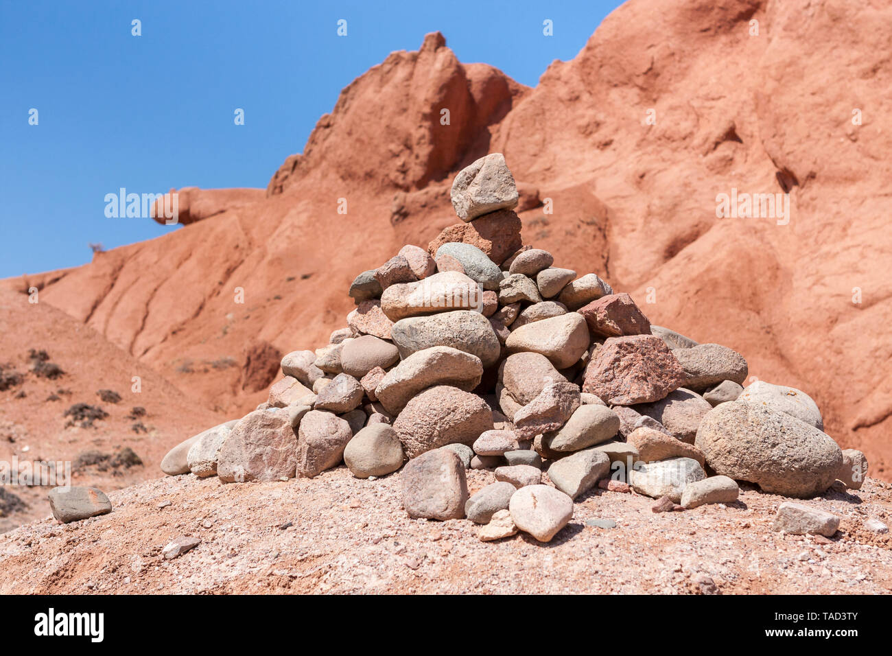 Rock pile and geological formations at Skazka Canyon, Kyrgyzstan ...