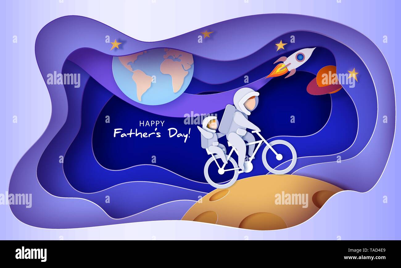 Father and son in space suits riding bike on the Moon. Happy fathers day card. Paper cut style ...