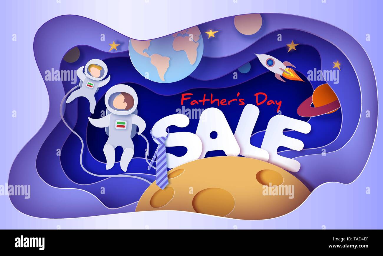 Father and son in space suits flying in cosmos space. Happy fathers day ...